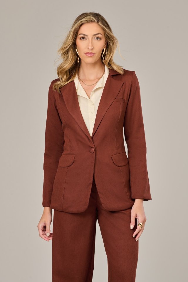 Blazer Alongado Forrado de Linho Vento Suave Marrom